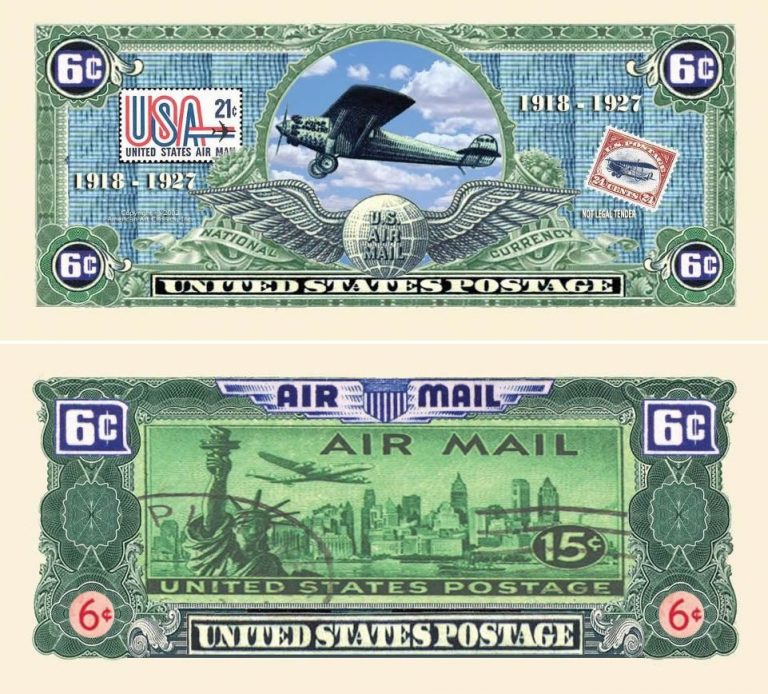 Six Cent Air Mail Postal Collectible Dollar Bill - American Art Classics