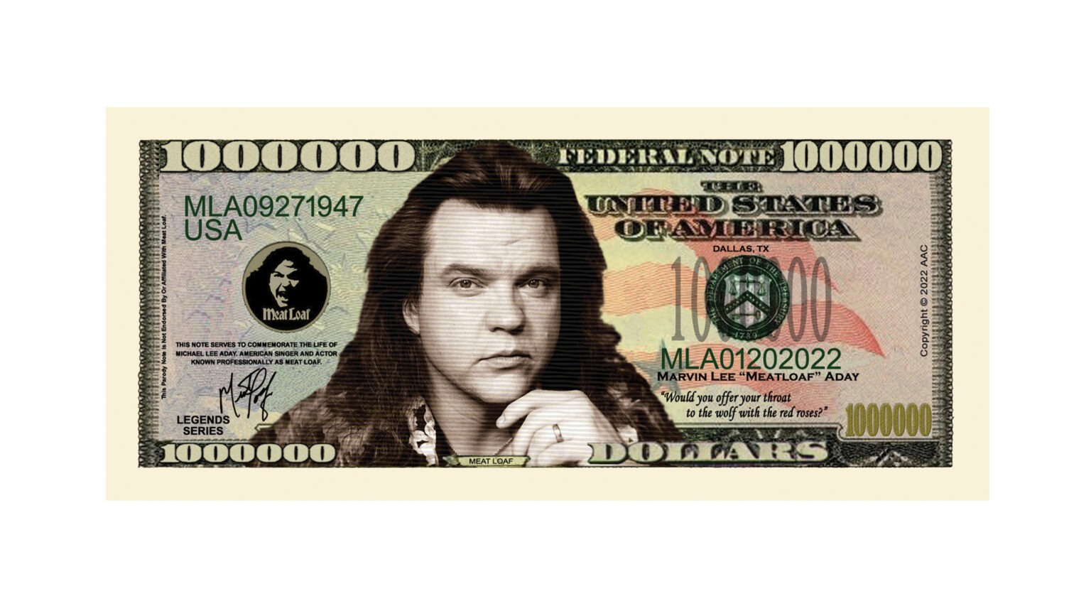 Meat Loaf Million Dollar Novelty Collectible Bills - Great Gift Or ...